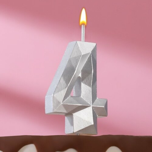 Омский свечной завод Свеча в торт на шпажке "Многогранник", цифра 4, 11х4,3 см, серебро