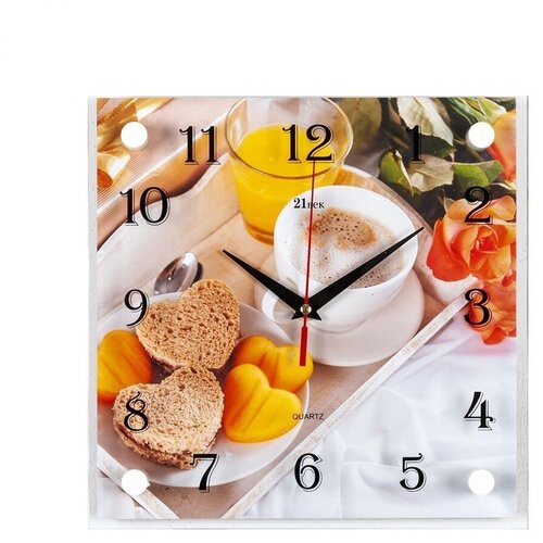 Часы настенные квадратные Рубин Утренний кофе циферблат с рисунком для кухни с плавным ходом высота 25 см