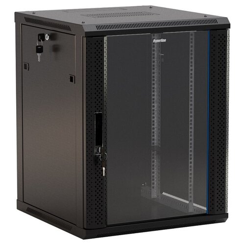 Шкаф серверный Hyperline (TWB-0945-GP-RAL9004) настенный 9U 600x450мм пер. дв. стекл 2 бок. пан. 60кг черный IP20 сталь