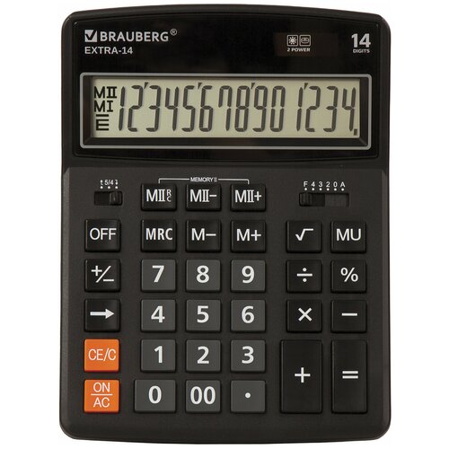 Калькулятор настольный BRAUBERG EXTRA-14-BK (206x155 мм), 14 разрядов, двойное питание, черный, 250474
