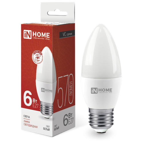 Упаковка светодиодных ламп 10 шт. IN HOME LED-СВЕЧА-VC 4690612020419, E27, C37, 6 Вт, 4000 К