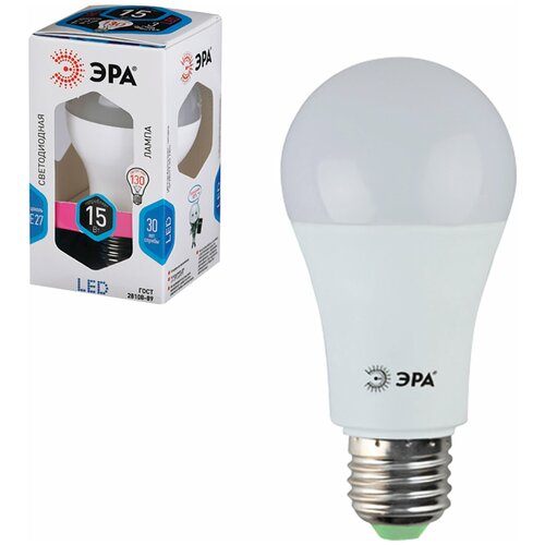 Лампа светодиодная ЭРА, 15 (130) Вт, цоколь E27, груша, холодный белый свет, 25000 ч, LED smdA60-15w-840-E27, Б0020593 В комплекте: 3шт.