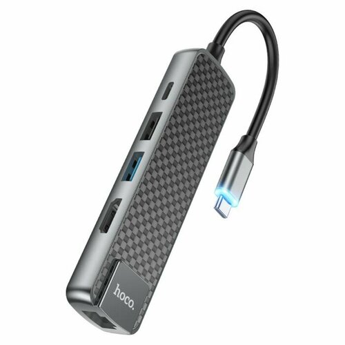 Адаптер Hoco HB23, HDMI/USB3.0/USB2.0/RJ45/PD, 60 ВТ, 3 А, длина кабеля 13.5 см, серый