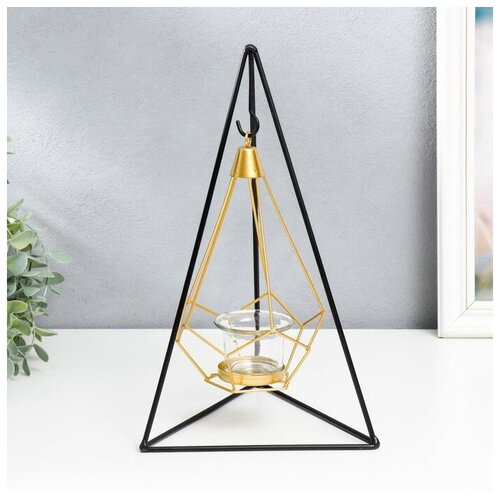 Подсвечник металл, стекло на 1 свечу "Пирамида в треугольнике" чёрный 30х18,5х15,5 см