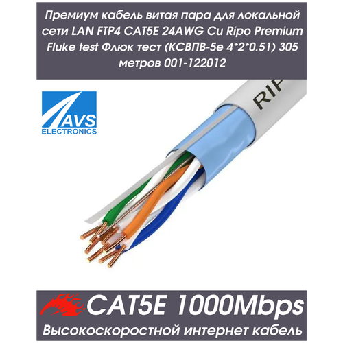 Премиум кабель витая пара для локальной сети LAN FTP4 CAT5E 24AWG Cu Ripo Premium Fluke test Флюк тест (КСВПВ-5е 4*2*0.51) 305 метров 001-122012