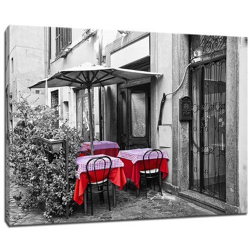 Картина Уютная стена "Красные скатерти столов на черно-белом фото кафе" 90х60 см