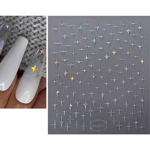Наклейки 3D/фольгированные водные наклейки для дизайна ногтей серебряные звезды TH-1036