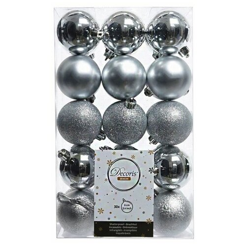 Набор пластиковых шаров серебряная коллекция (глянцевые, матовые, глиттер, матовый антик), 60 мм, упаковка 30 шт, Kaemin