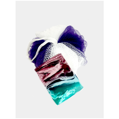 Подарочный набор мочалка шар фиолетово-белый с мылом ручной работы "Лаванда"