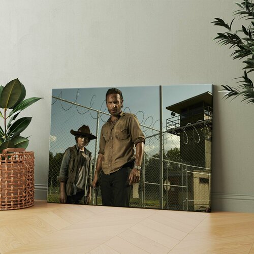 Картина на холсте (Мужчина и женщина стоят перед забором) 30x40 см. Интерьерная, на стену.