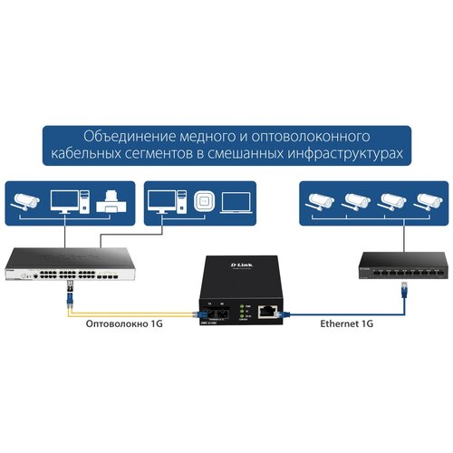 Медиаконвертер D-Link DMC-G10SC с 1 портом 100/1000Base-T и 1 портом 1000Base-LX с разъемом SC для одномодового оптического кабеля (до 10 км)