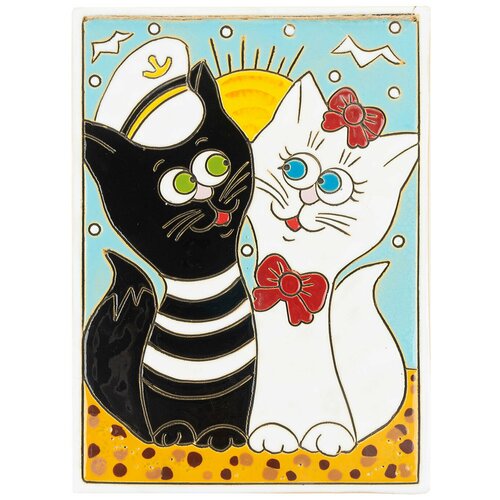 Панно Кот матрос с кошечкой керамическое декоративное авторской ручной работы