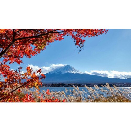 Картина на холсте 60x110 Альянс Лес "Осень небо maple Fuji" на подрамнике / интерьер/ декор
