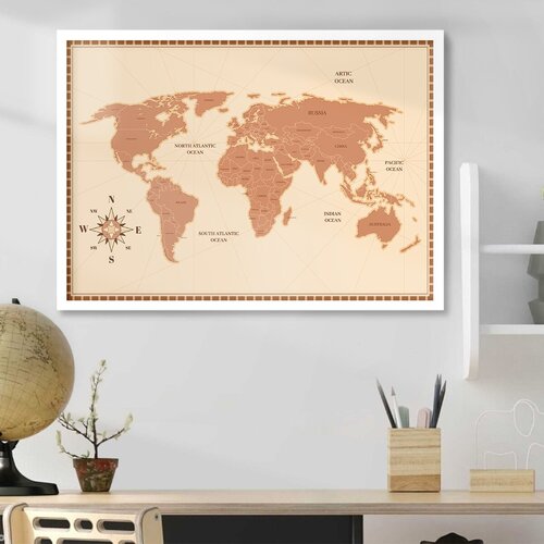 Постер "Карта Мира, коричневая" 50 на 70 в белой рамке / Картина для интерьера / Плакат / Постер на стену / Интерьерные картины