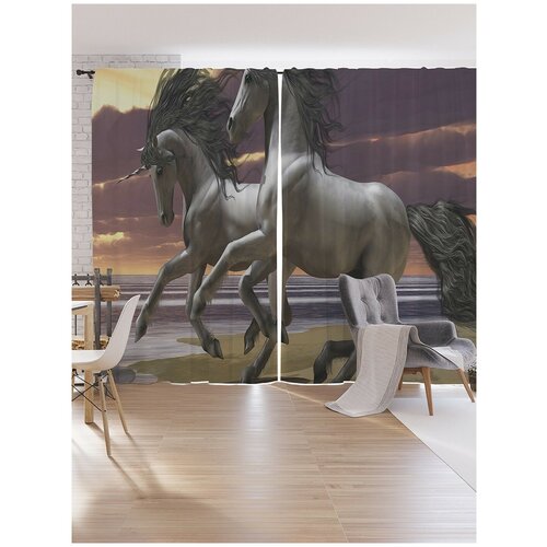 Шторы под лён JoyArty "Лошади у моря", серия Oxford DeLux, 340х265 см