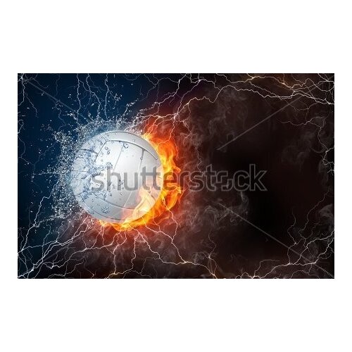 Постер на холсте Волейбольный мяч в стихиях огня, воды и электрических разрядах на чёрном фоне 46см. x 30см.