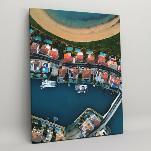 Картина на холсте (интерьерный постер) "Пляжные домики - вид сверху", с деревянным подрамником, размер 45x60 см