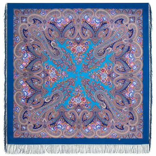Платок Павловопосадская платочная мануфактура,146х146 см, коричневый, голубой