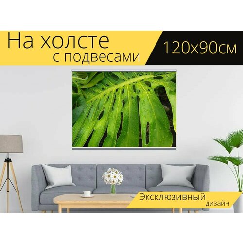 Картина на холсте "Тропический лист, лист, тропический лес" с подвесами 120х90 см. для интерьера