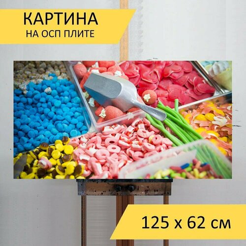 Картина на ОСП 125х62 см. "Ларек, конфеты, распродажа" горизонтальная, для интерьера, с креплениями