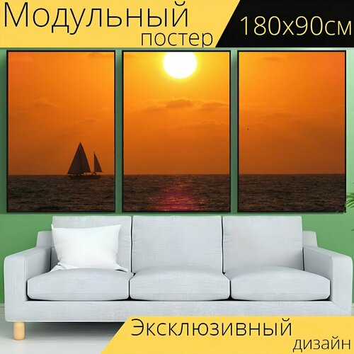 Модульный постер "Заход солнца, парусное судно, пуэрто валларта" 180 x 90 см. для интерьера
