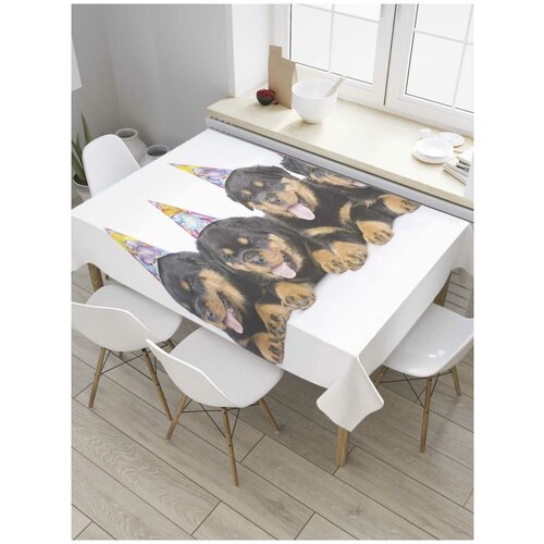 Скатерть прямоугольная JoyArty на кухонный стол "Собаки в гостях у именинника" из оксфорда, 120x145 см