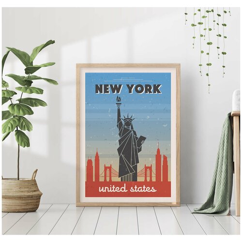 Постер без рамки "Нью-Йорк. Статуя Свободы, ретро постер" 50 на 70 в тубусе / Картина для интерьера / Плакат / Постер на стену / Интерьерные картины