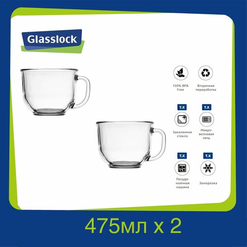 Набор стеклянных кружек Glasslock PM402-2 (475ml x 2), кружки для чая / кружки для кофе / стеклянные кружки / кружки стеклянные / стаканы / чашки