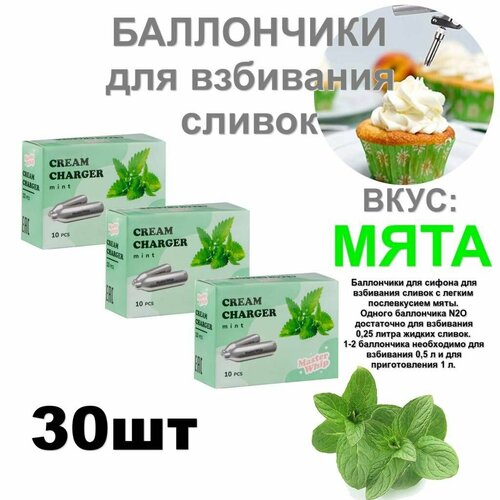 Баллончики для сифона для взбивания сливок (N2O) вкус мята MasterWhip 30шт.