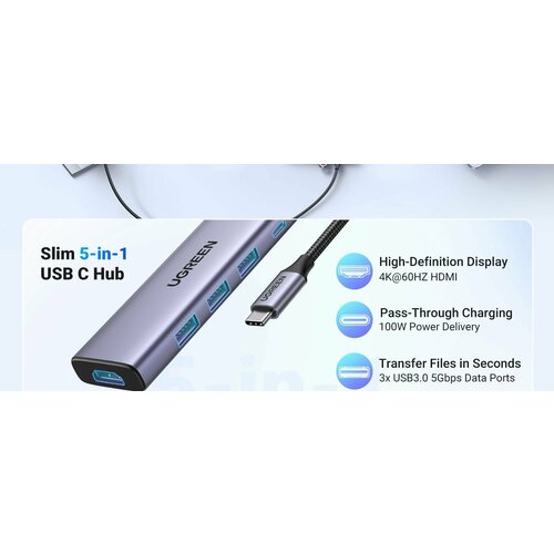 Конвертер UGREEN CM511 (15597) USB-C To HDMI+3*USB 3.0 A+PD Power Converter - Gray