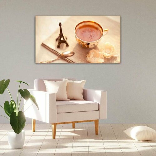 Картина на холсте 60x110 LinxOne "Чай Эйфелева башня цветы ложка" интерьерная для дома / на стену / на кухню / с подрамником