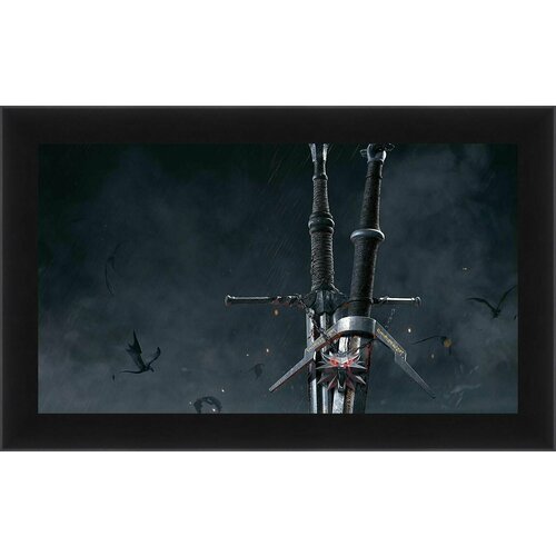 Плакат, постер на бумаге The Witcher (Ведьмак), стальной и серебряный мечи Геральта. Размер 42 на 60 см