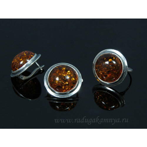 Комплект бижутерии: серьги, кольцо, янтарь, размер кольца 19