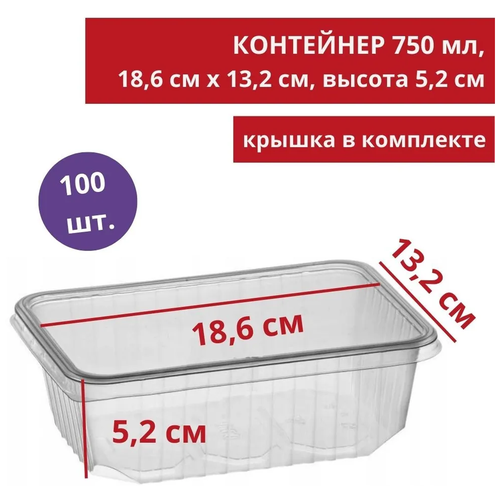 Одноразовый контейнер с крышкой 750 мл, 100 шт, прямоугольный, для хранения и заморозки продуктов, пищевой