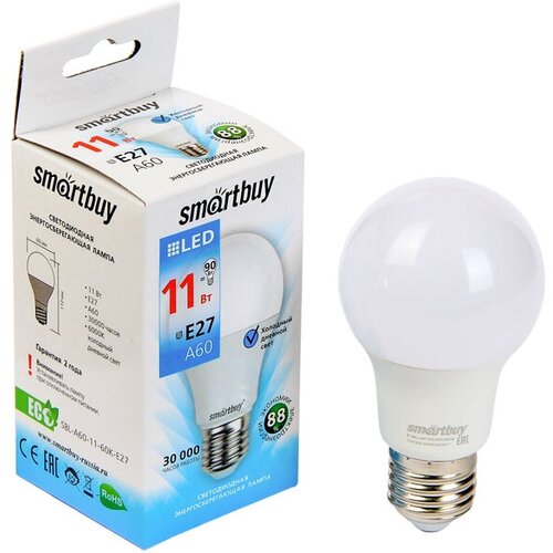 Лампа cветодиодная Smartbuy, E27, A60, 11 Вт, 6000 К, холодный белый свет