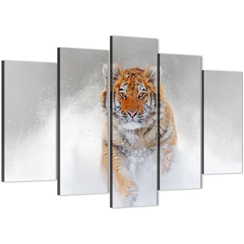 Картина модульная большая на стену, интерьерная, на холсте, готовая, в спальню, в гостиную, Тигр в заснеженном лесу, Животные, 140х80см