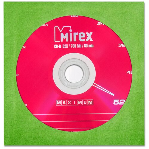 Диск Mirex CD-R 700Mb MAXIMUM 52X в бумажном конверте с окном, зеленый