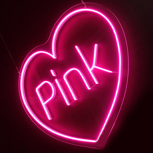 Декоративный светильник / Неоновая вывеска в виде сердца с надписью "Pink", 60 x 53 см.