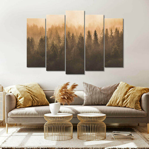 Модульная картина/Модульная картина на холсте/Модульная картина в подарок/оранжевый лес в тумане-orange forest in the fog 150х100