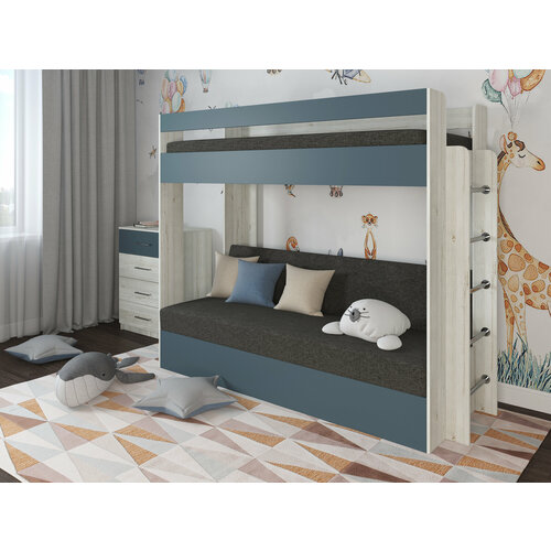 Кровать двухъярусная с диваном Есэндвич new Лаворо, 110x209 см (Сосна винтерберг/Маренго/Рогожка Savana Grey)