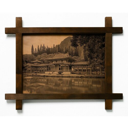 Картина Бёдо-ин, Япония, гравировка на натуральной коже, интерьерная для украшения и декора на стену в деревянной раме, подарок, BoomGift