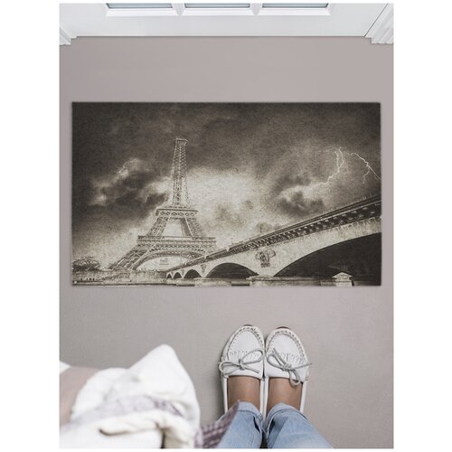 Придверный коврик в прихожую JoyArty "Гроза над Парижем" для обуви, на резиновой основе, 75x45 см