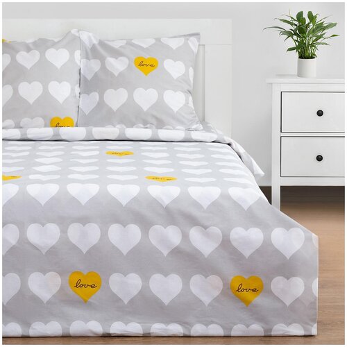 Комплект постельного белья Этель Heart, 2-спальное с европростыней, поплин, белый/серый