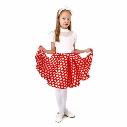 Карнавальный набор «Стиляги 3», юбка красная с белыми сердцами, пояс, повязка, рост 110-116 см