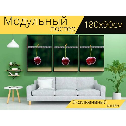 Модульный постер "Вишня, фрукты, кабель" 180 x 90 см. для интерьера