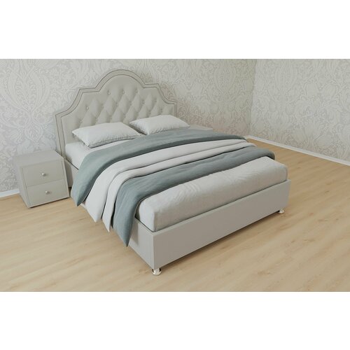 Двуспальная кровать Мирабель 140x200 с подъемным механизмом и с коробом для белья велюр бежевый ножки 5 см