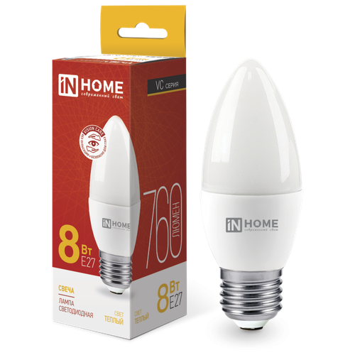Упаковка светодиодных ламп 10 шт. IN HOME LED-СВЕЧА-VC 4690612020440, E27, C37, 8 Вт, 3000 К