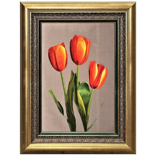 Картина вышитая шелком Алые тюльпаны ручной работы/см 55х75х3/в багете