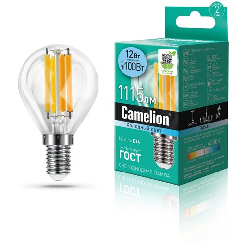 Лампочка Camelion LED12-G45-FL/845/E14, Холодный белый свет, E14, 12 Вт, Светодиодная