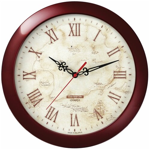 Часы настенные TROYKATIME (TROYKA) 11131150, круг, бежевые с рисунком "Карта", коричневая рамка, 29х29х3,5 см